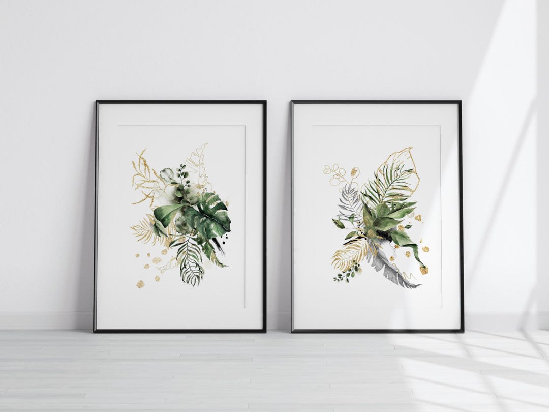 Green and Gold Leaf Prints, Leaves With Gold Splash, Botanical Leaves ...