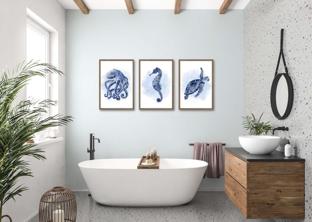 Sea Creatures Bathroom Prints, Watercolour Blue Seahorse, Octopus and ...