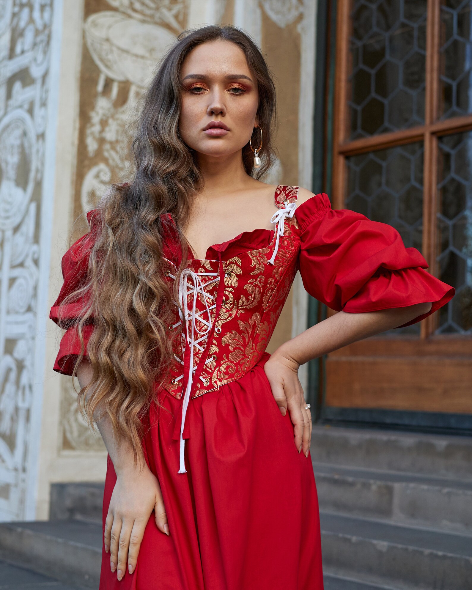 The Golden Lily Corset in Red Brocade - Renaissance Fair - Renaissance ...