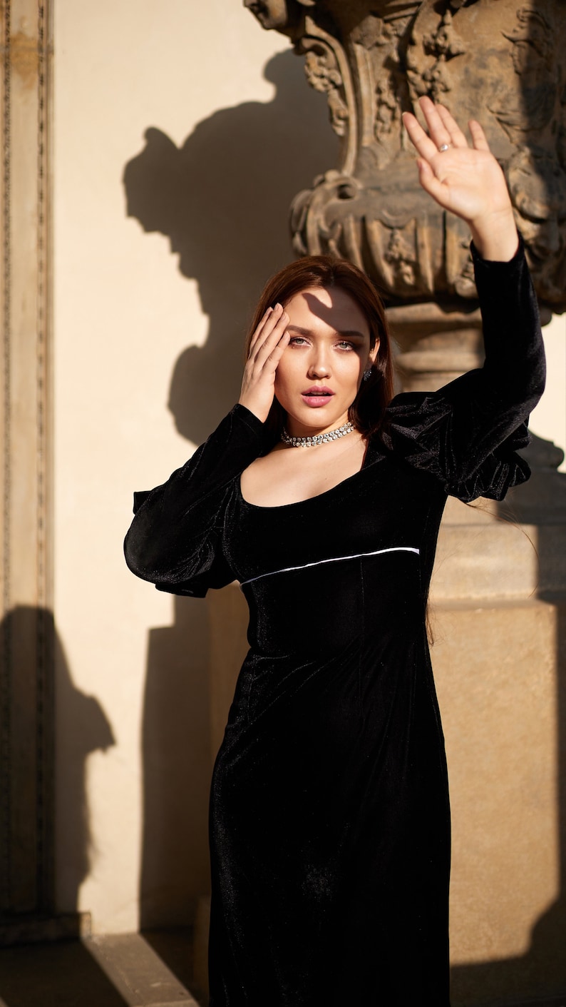 The Nola Dress in Black Velvet With Puff Sleeves - Regency Dress ...
