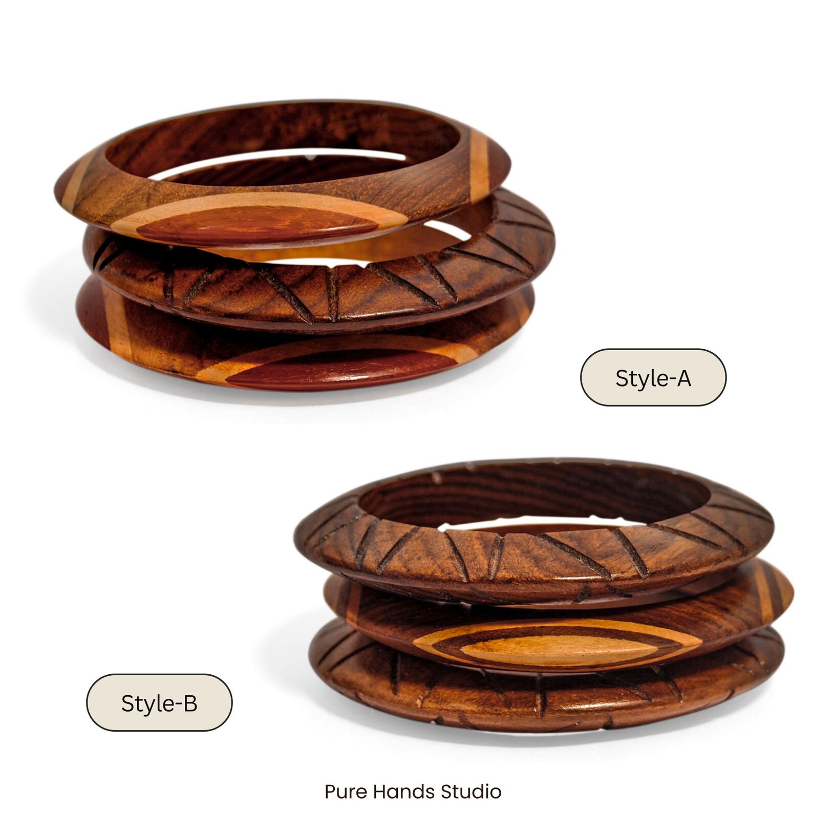 Handmade Carved Wood Bangle Set: Artisanal Inlay Art - Etsy