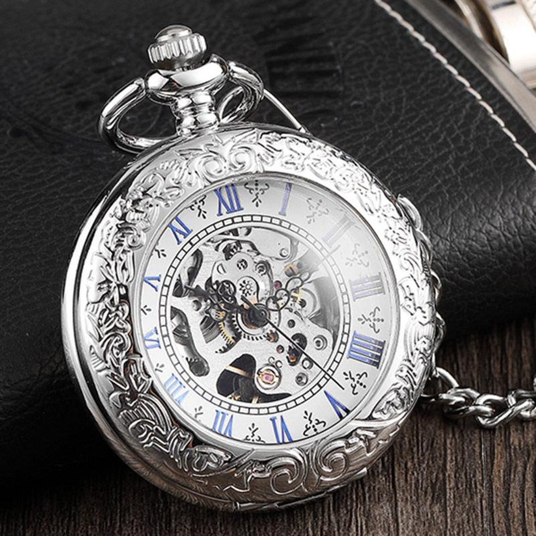 Elegant Mens Mechanical Pocket Watch Retro Caved Flip Case Fob Chain ...