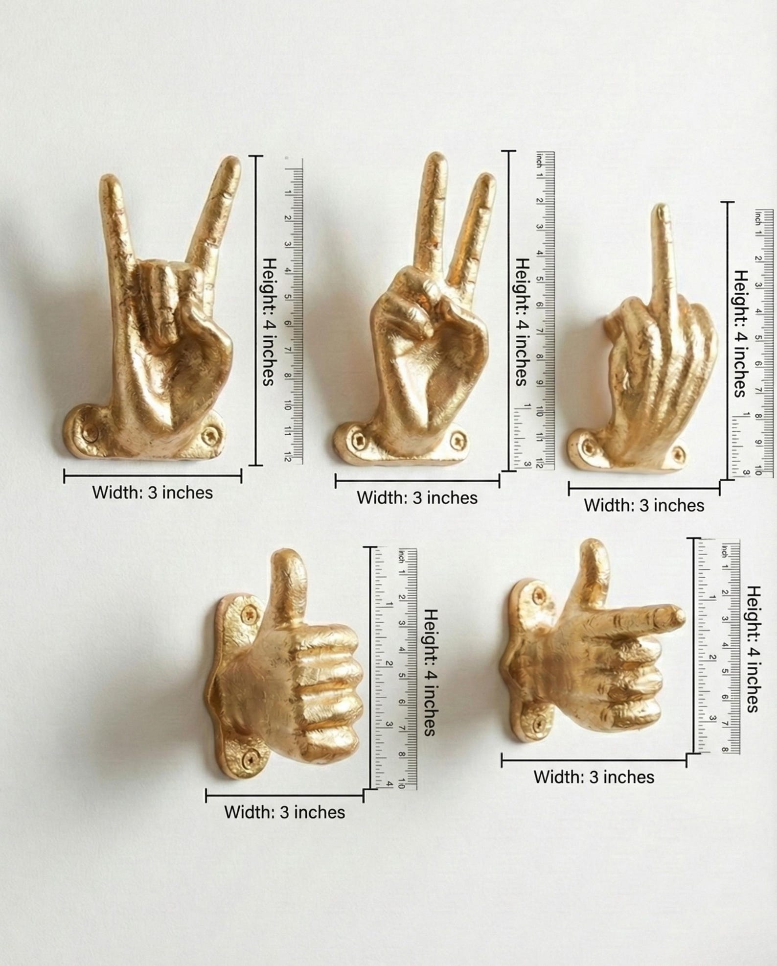 Set of 5 Gold Hand Gesture Wall Hooks - Funny Decorative Coat Hooks ...