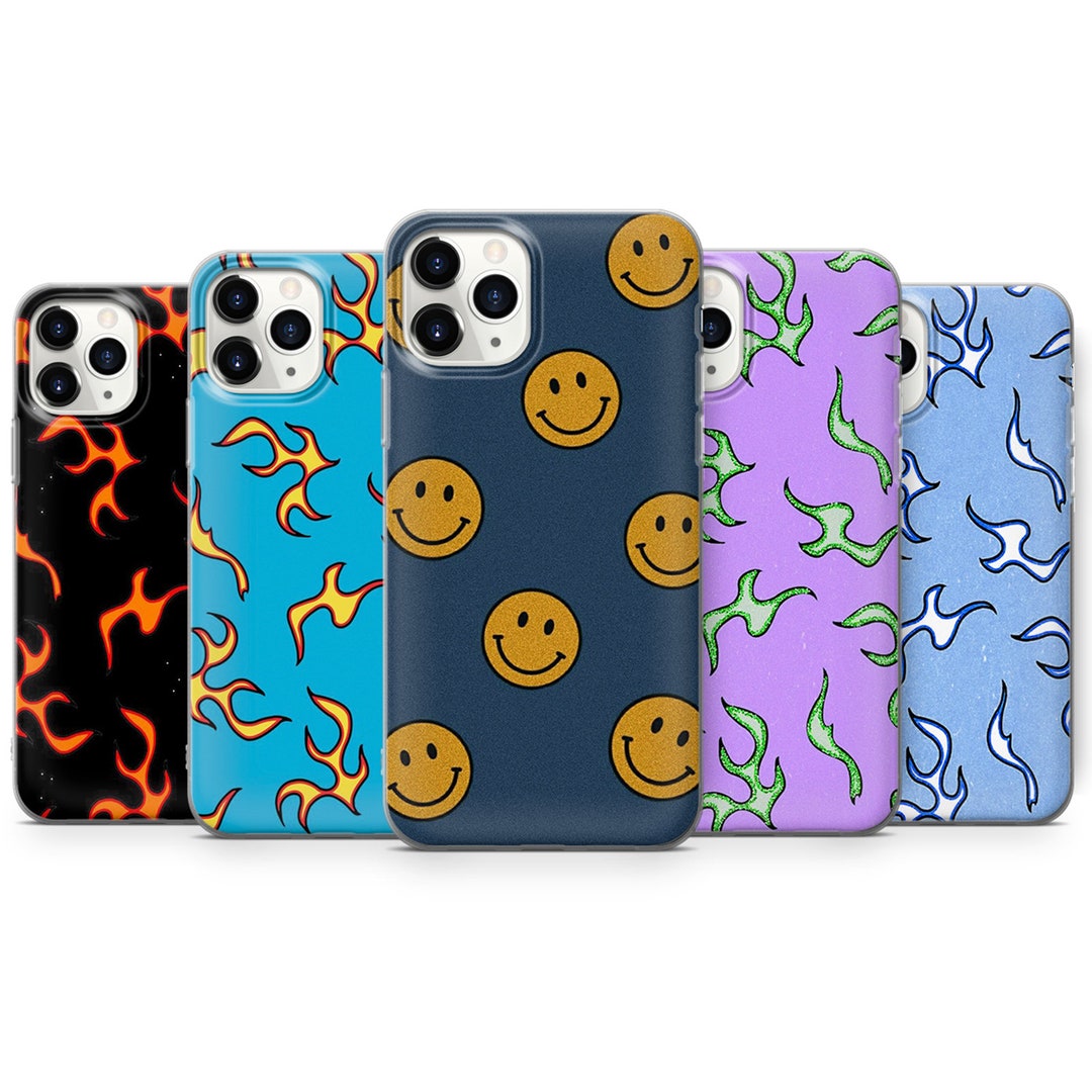 Fire Flames Phone Case 90s Smiley Face Cover for iPhone 15 Pro, 14 Pro ...