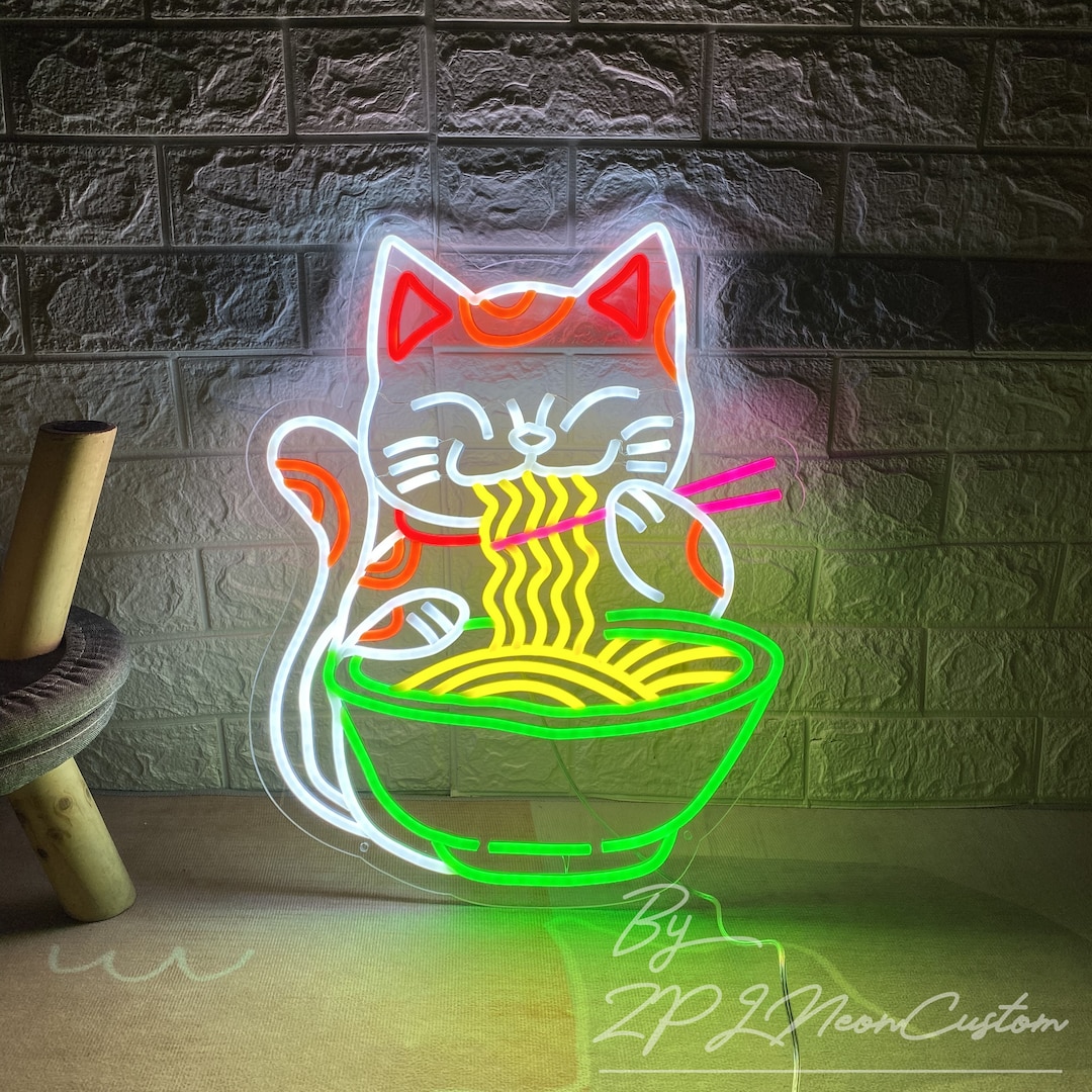 Ramen Cat Neon Sign Japanese Noodles Restaurant Signage Kitchen Food ...