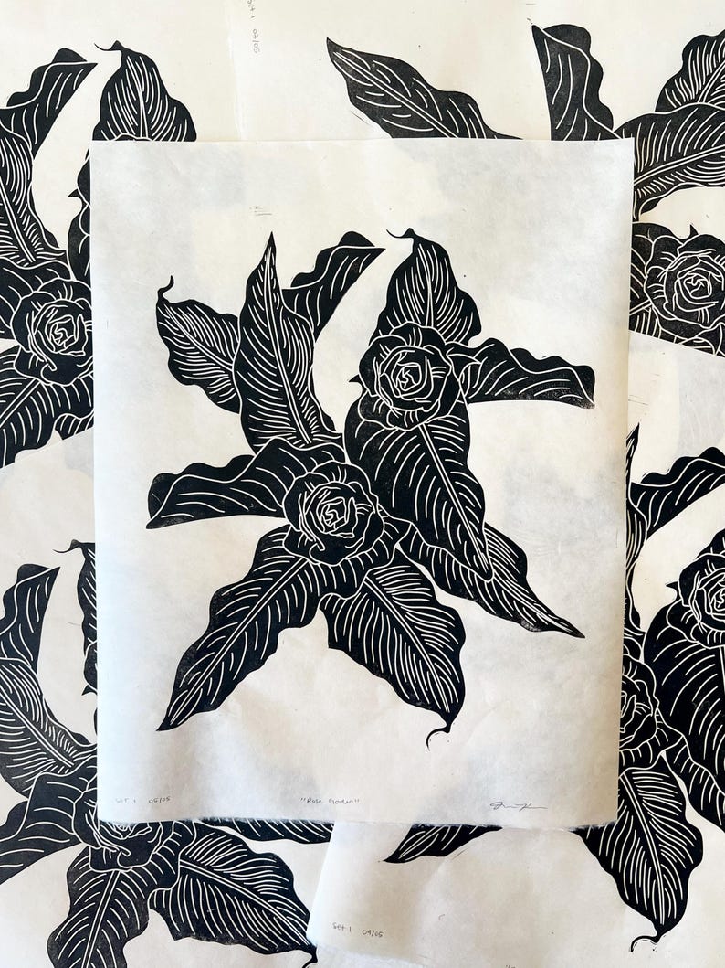 Rose Garden Linocut Print - Etsy