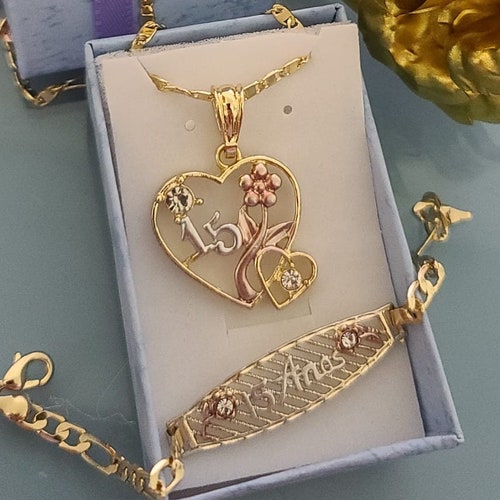 14k Tricolor Gold Plated mis Xv Set Necklace & - Etsy