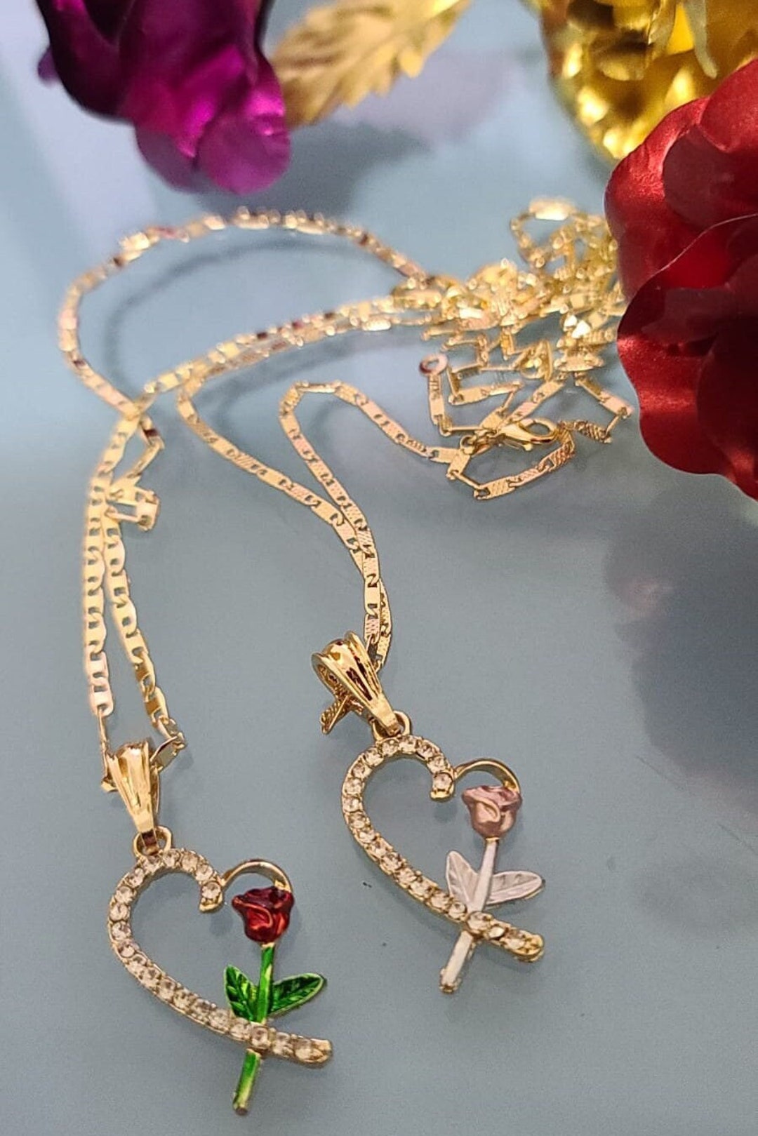 14k Gold Plated Rose Flower Neclace | Half Heart Necklace | Cute Cadena ...