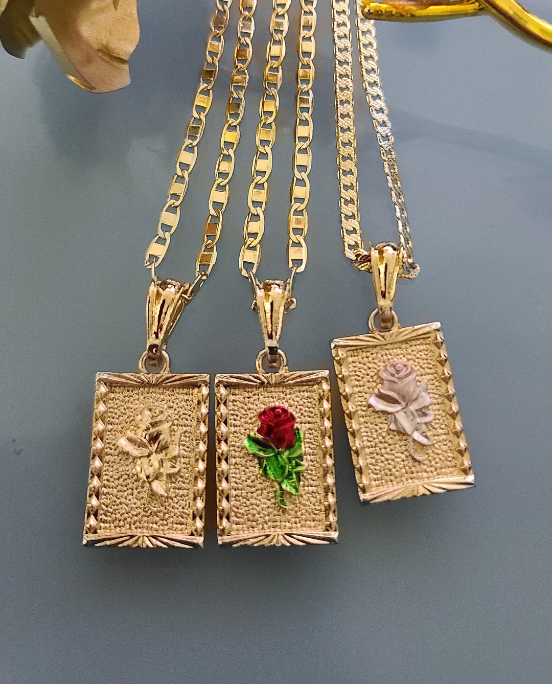 14k Gold Plated | Rose Flower Necklace | Square Portrait Rose Pendant ...