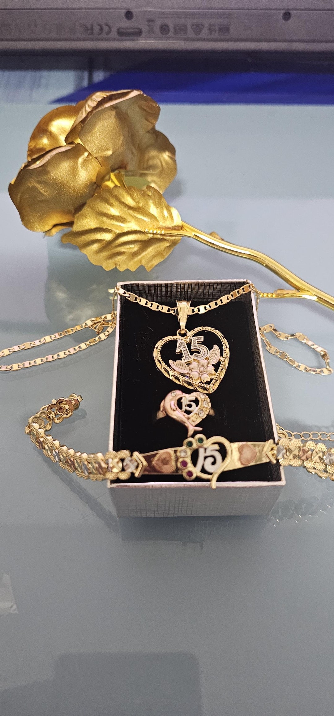 14k Gold Plated Quinceañera Jewelry Set | Lindo Set (cadena, Anillo Y ...