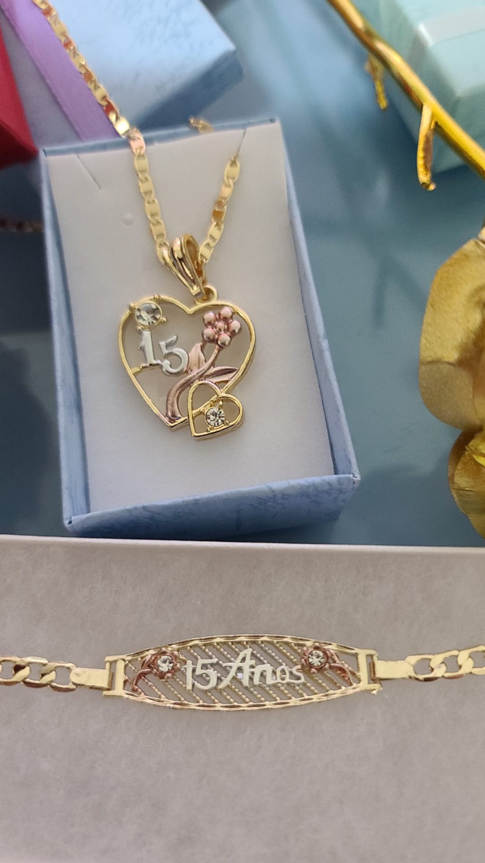 14k Tricolor Gold Plated "mis Xv" Set Necklace & Bracelet ~ Set Cadena ...