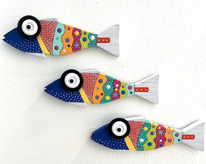 Fish Decor, Fish Art, Minnow School, 3-piece Set Wooden Fish, Beach ...