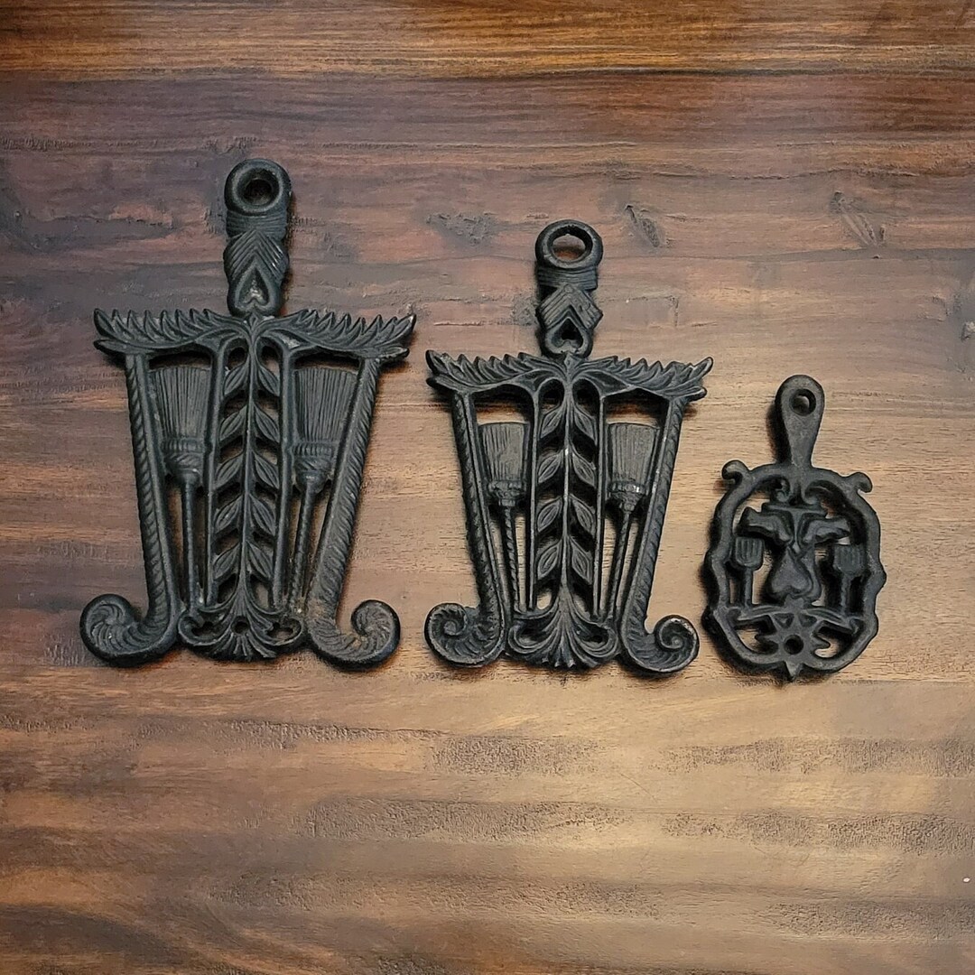 Witchy Cauldron Stand Vintage Cast Iron Trivet W Brooms / Wilton ...