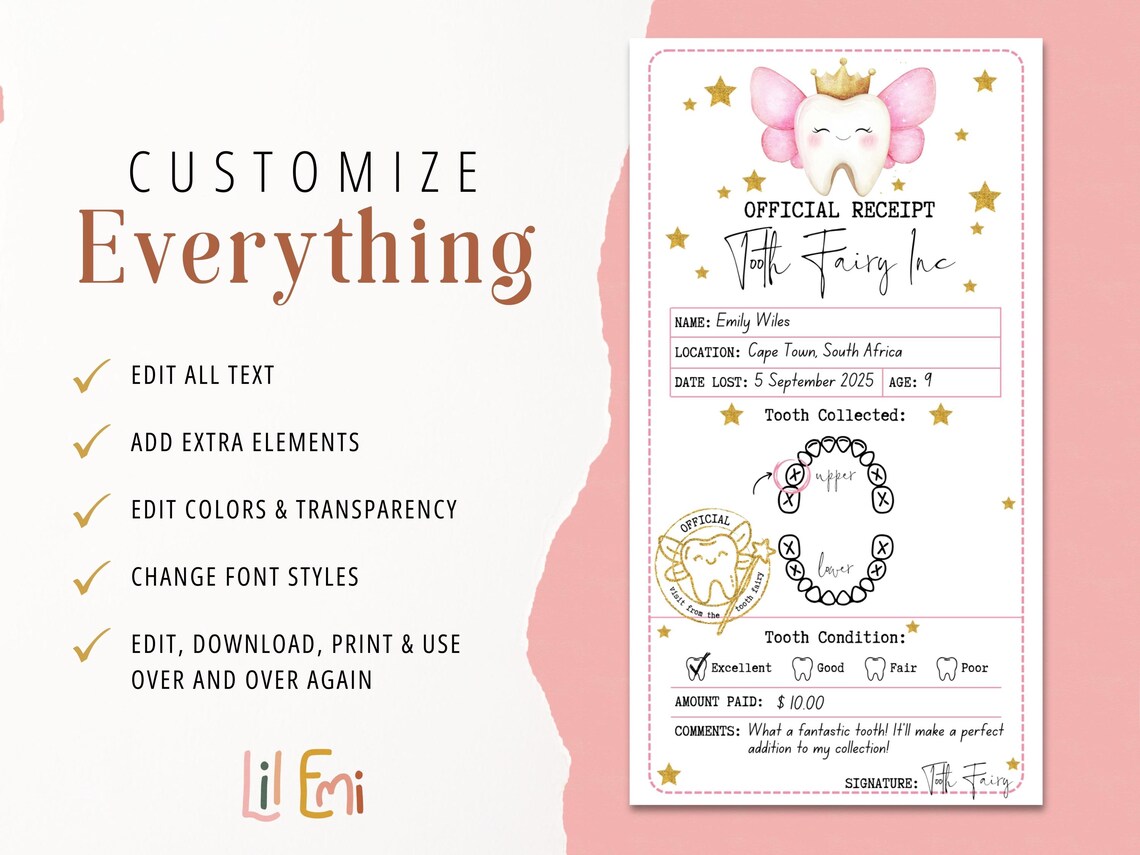 Editable Tooth Fairy Receipt Printable, First Tooth Lost, Realistic ...