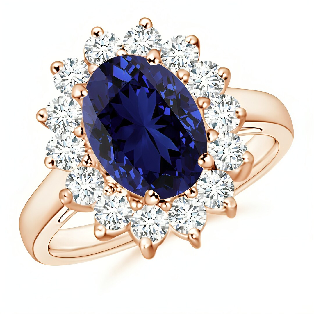 Princess Diana Inspired Blue Sapphire Ring With Diamond Halo, 14k to ...
