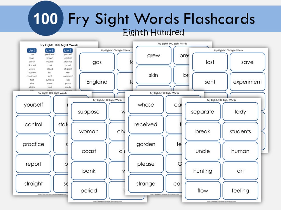 Sight Words Flashcards for Kindergarten, 100 Printable Fry Eighth ...