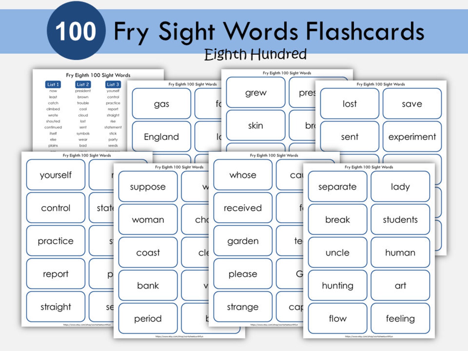 Sight Words Flashcards for Kindergarten, 100 Printable Fry Eighth ...