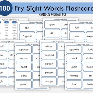 Sight Words Flashcards for Kindergarten, 100 Printable Fry Eighth ...