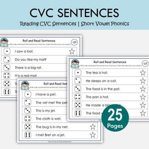 CVC Sentence Reading Worksheets Printable | Short Vowel Phonics Word ...