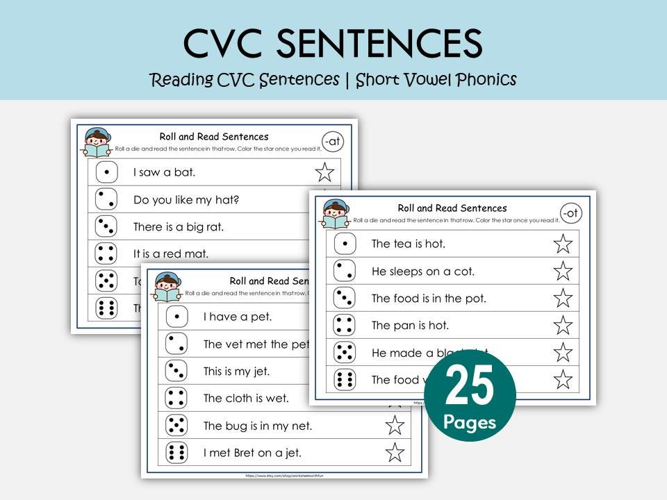 CVC Sentence Reading Worksheets Printable | Short Vowel Phonics Word ...