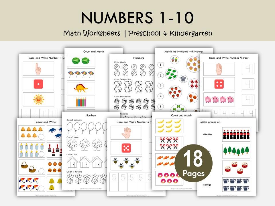 Preschool Math Worksheets, Number Tracing 1-10, Counting Activities ...