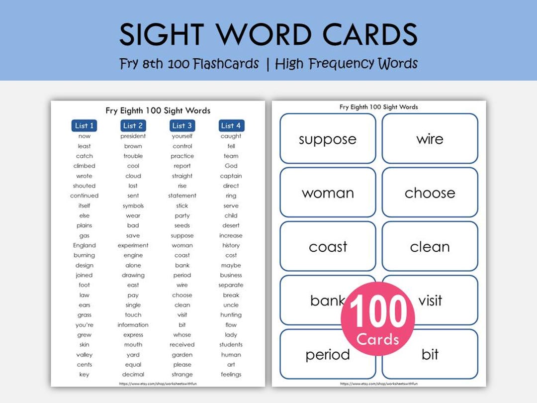 Fry 8th 100 Sight Words Flashcards Printable | 701–800 High Frequency ...