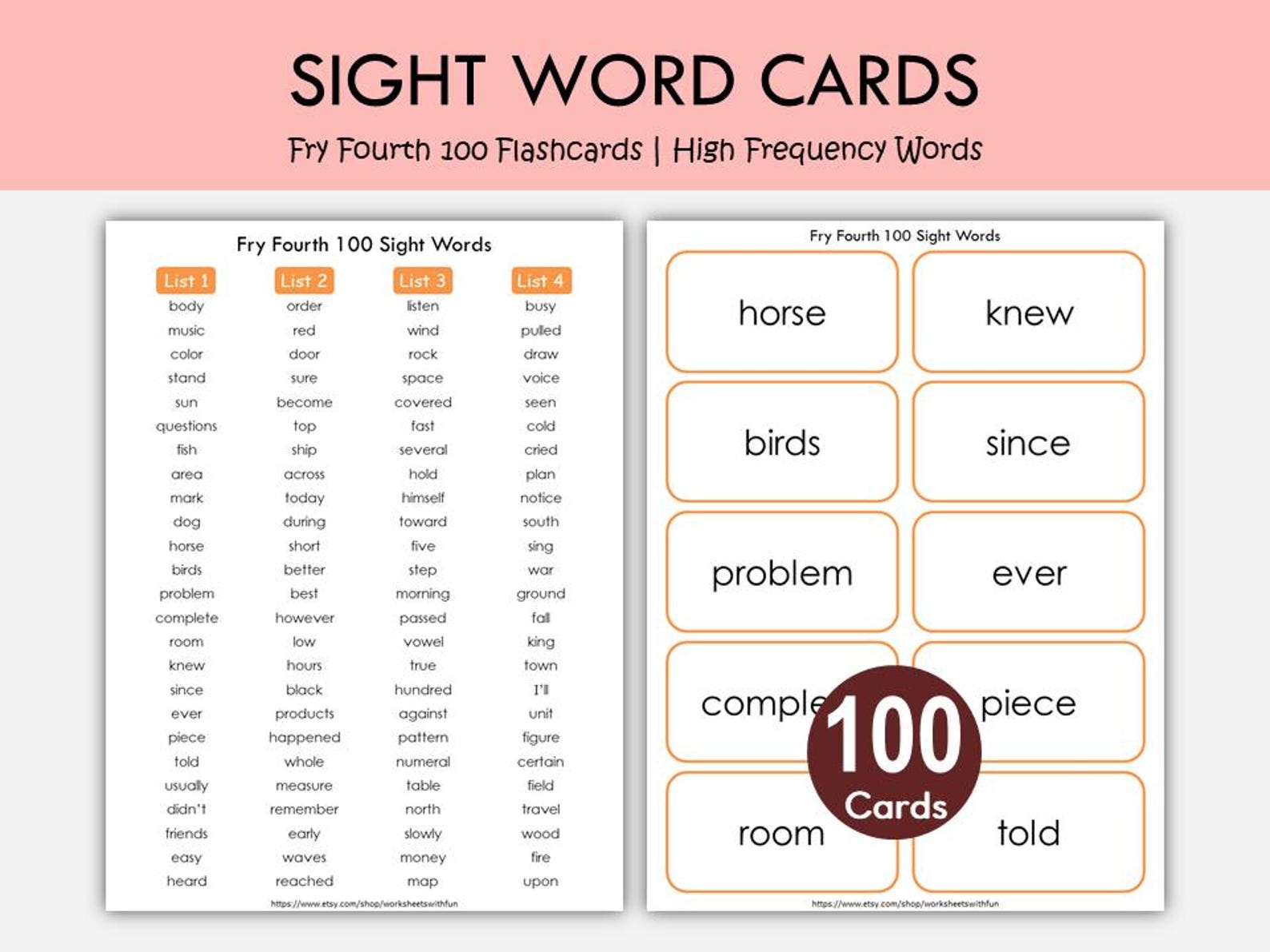 Fry Fourth 100 Sight Word Flashcards Printable (301-400) | High ...