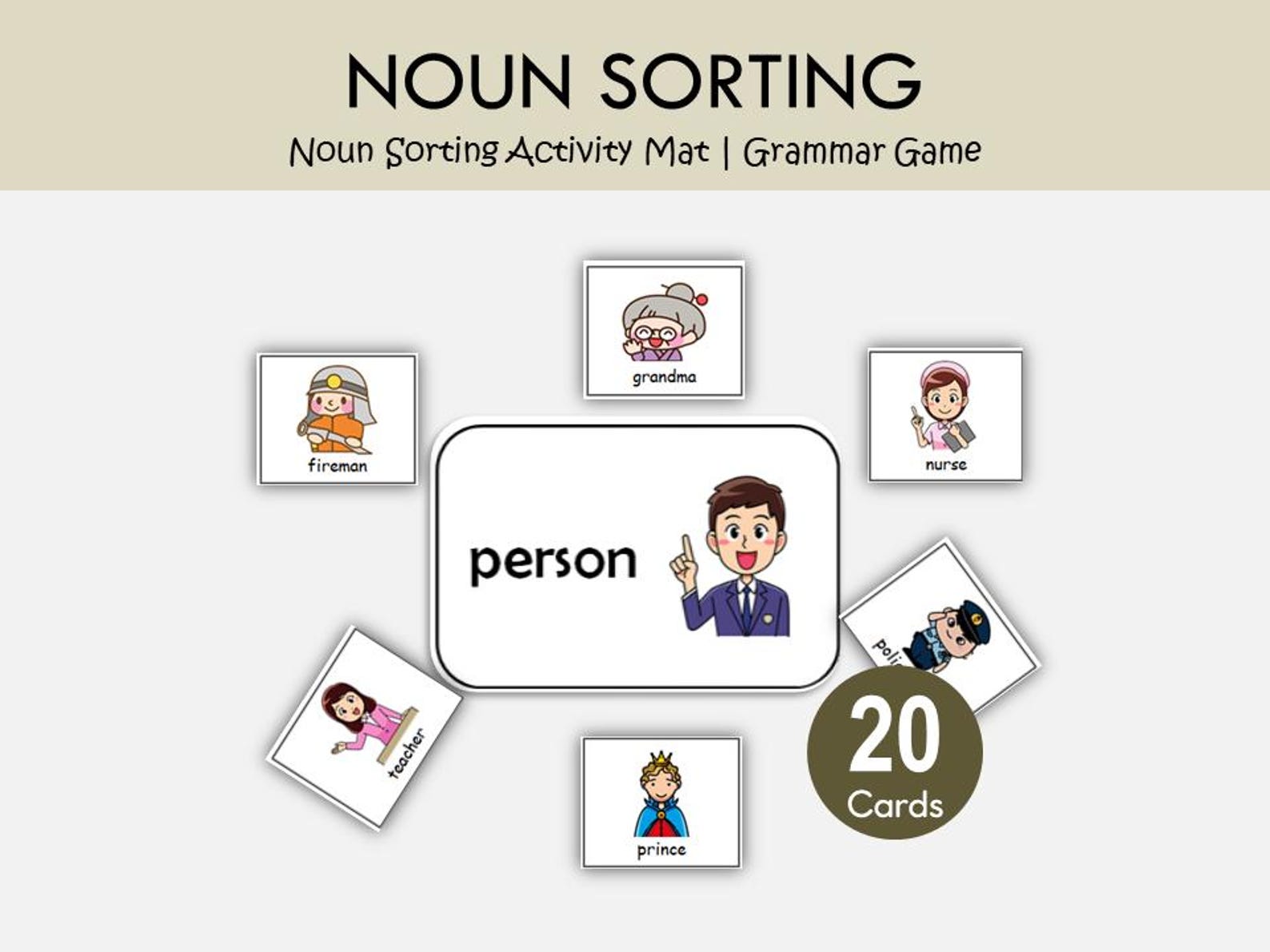 Noun Sorting Activity Mat Printable | Person Place Animal Thing ...