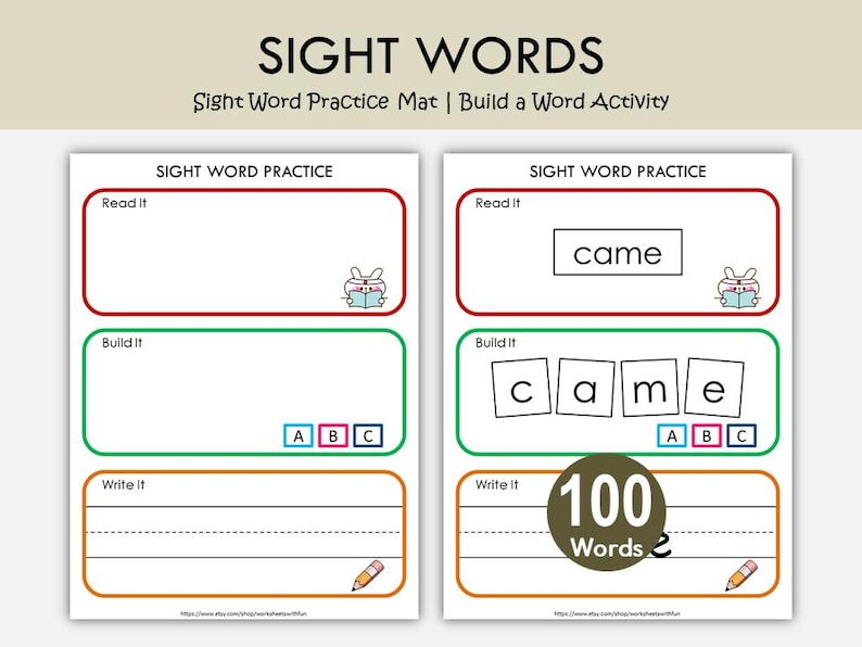 Sight Word Practice Mat Printable, Sight Word Flash Cards, Build a Word ...
