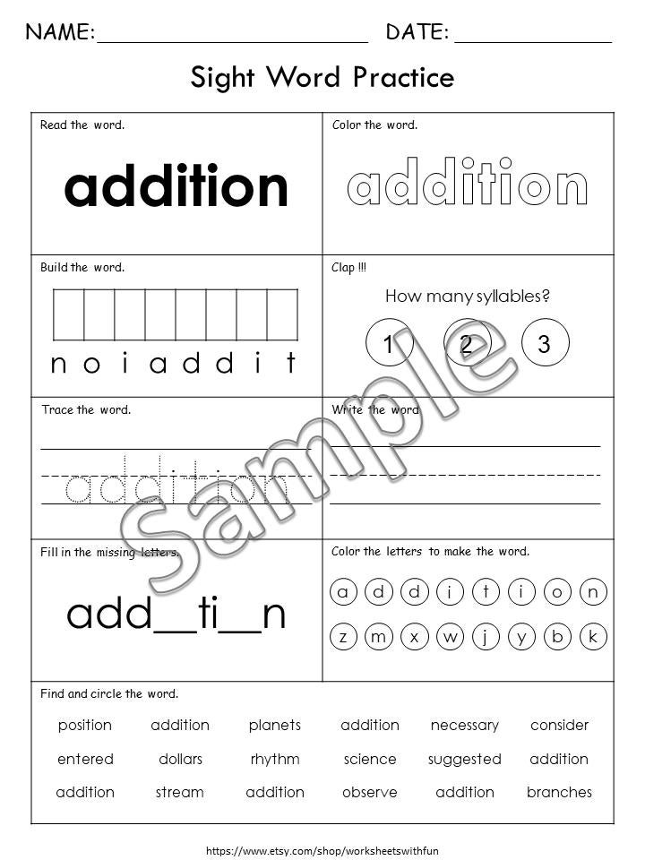 400 Fry Sight Words Worksheets: Literacy Practice (digital Download) - Etsy
