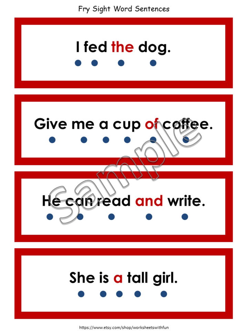 Fry Sight Words Sentence Strips: Kindergarten Reading (PDF Pattern) - Etsy