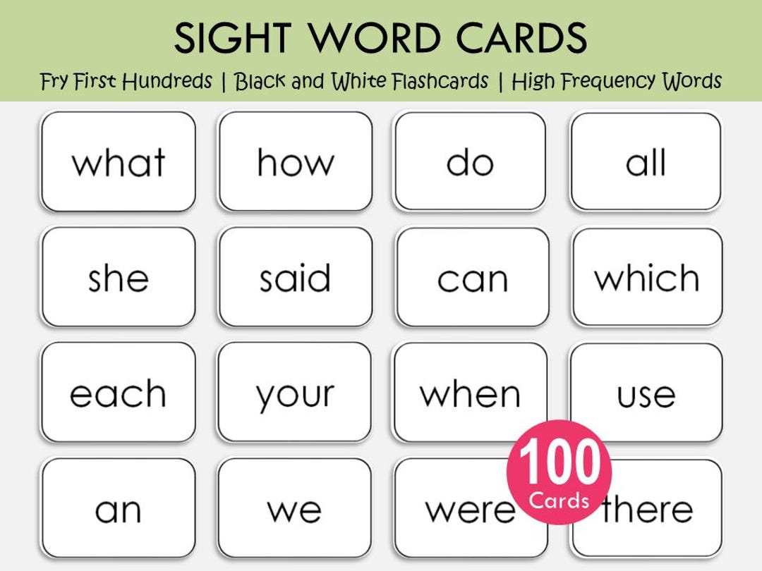 Fry First 100 Sight Words Flashcards Printable | Black & White Sight ...
