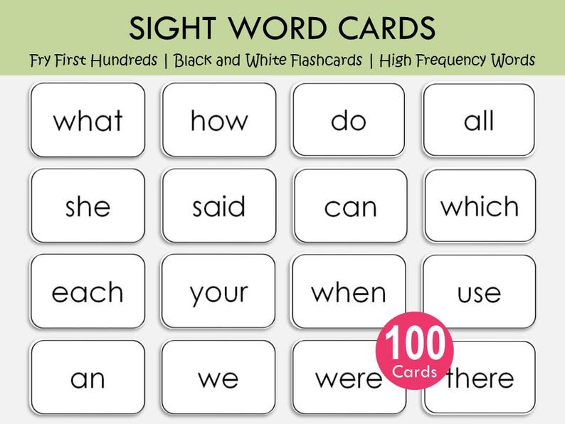 100 Fry Sight Word Flashcards, Printable Sight Words, Kindergarten ...