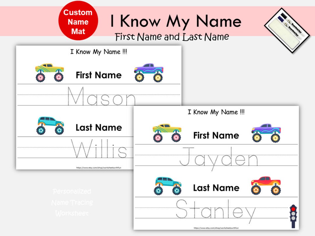 Name Tracing Sheet for Kids, Dry Erase Name Mat-car Theme, First & Last ...