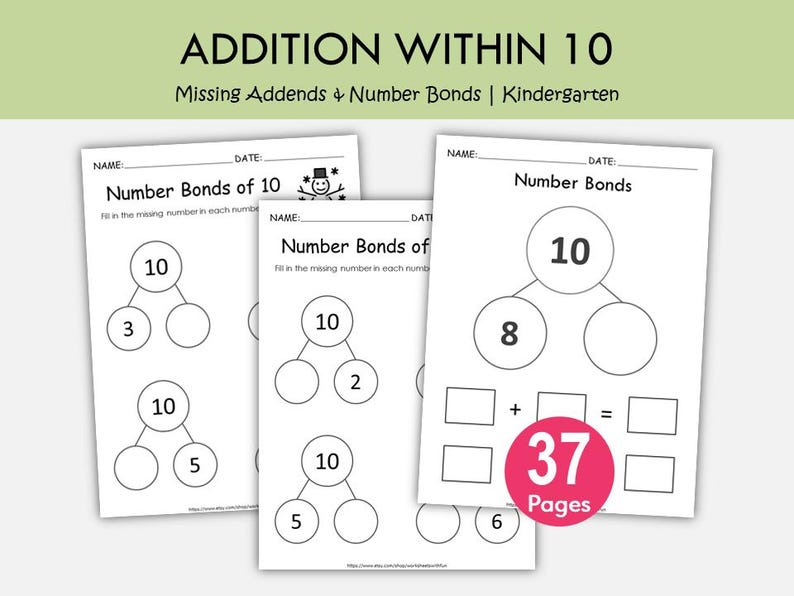 Addition Within 10 Worksheets | Missing Addends & Number Bonds ...