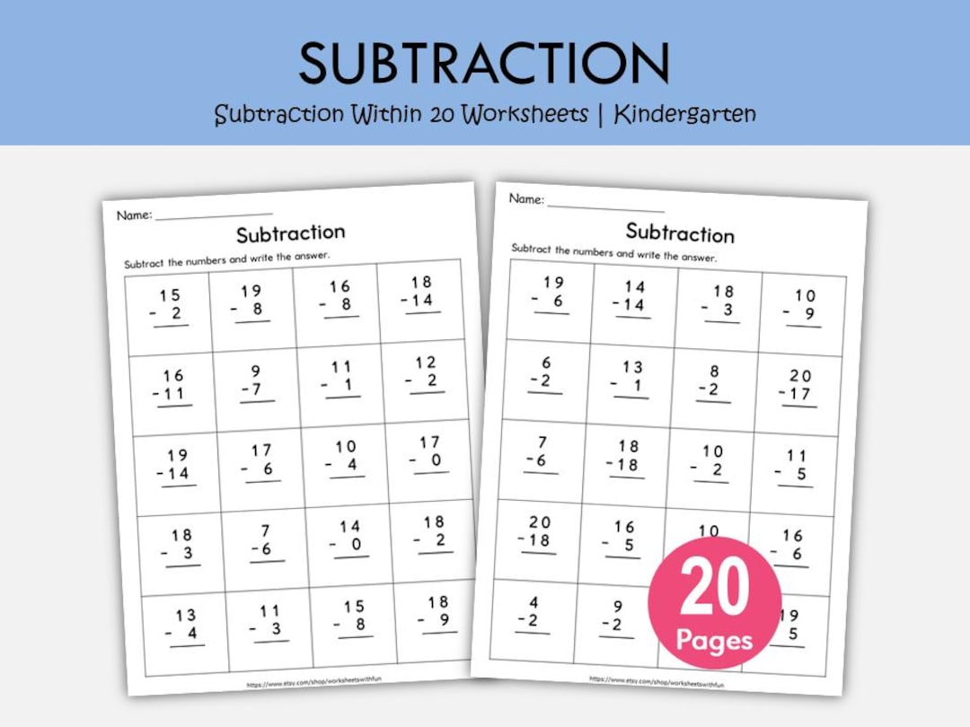 Subtraction Within 20 Worksheets Printable | Kindergarten & First Grade ...