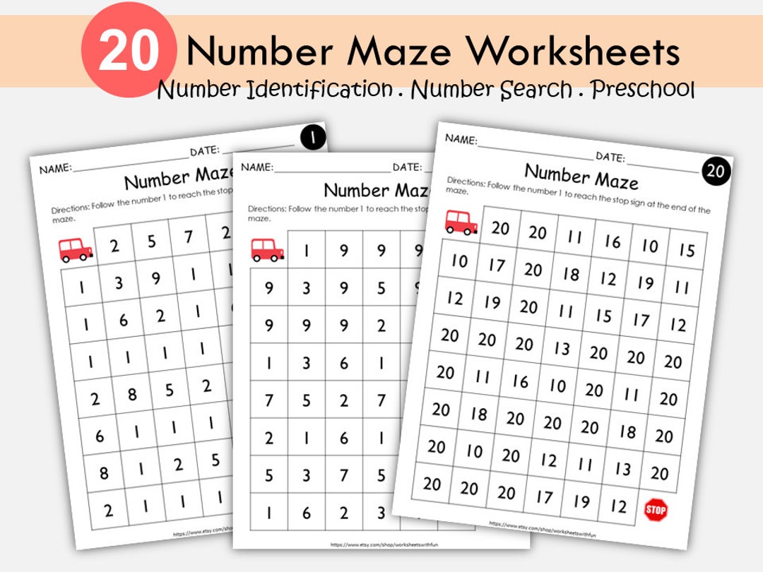 Number Maze Worksheets: Numbers 1-20, Preschool Math (digital Download ...