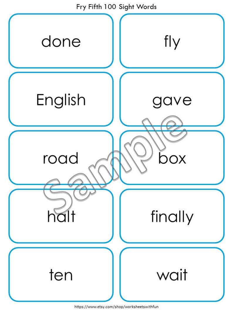 Fry Fifth 100 Sight Words Flashcards Printable, 401-500 High Frequency ...