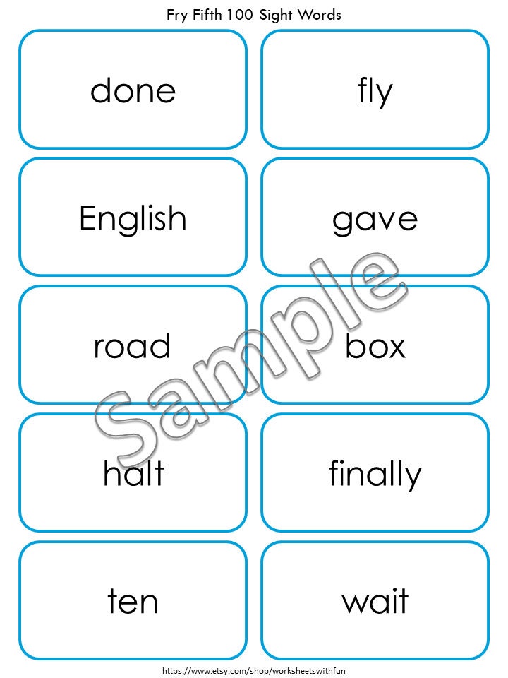 Fry Fifth 100 Sight Words Flashcards Printable, 401-500 High Frequency ...