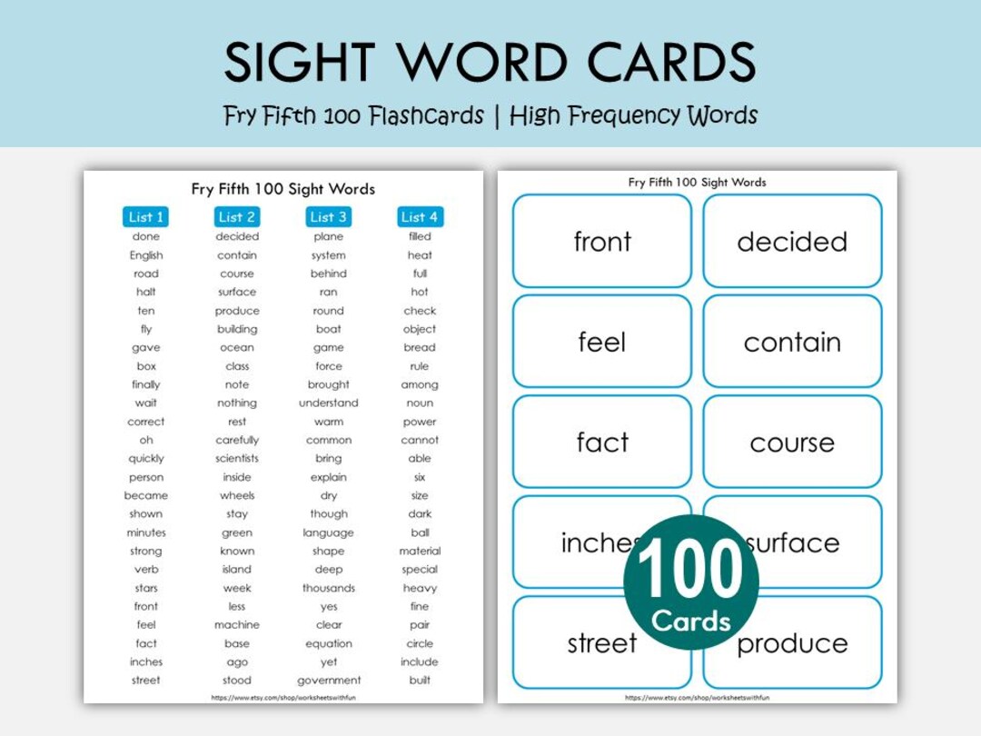 Fry Fifth 100 Sight Words Flashcards Printable, 401-500 High Frequency ...