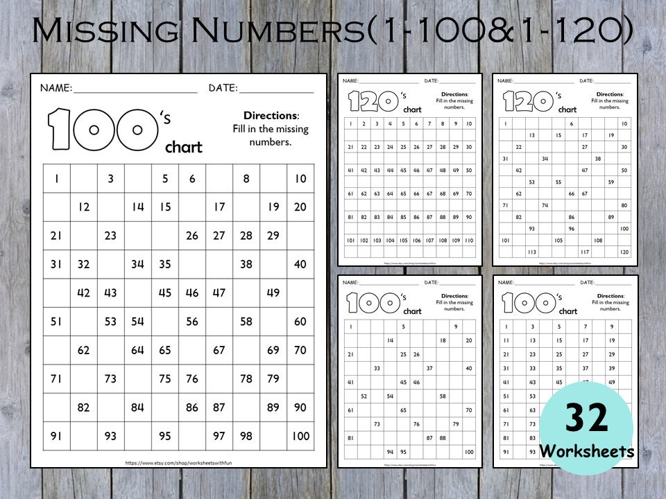 Missing Numbers 1-100 & 1-120 Worksheets Printable Counting - Etsy UK