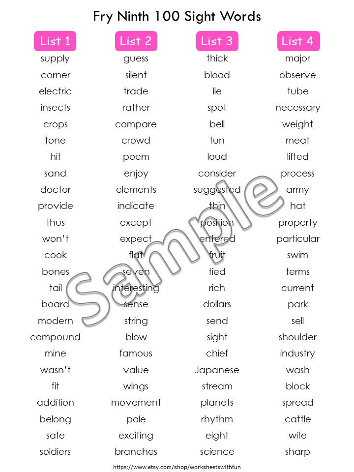 Fry Ninth 100 Sight Words Flashcards Printable | Fry Words 801-900 PDF ...