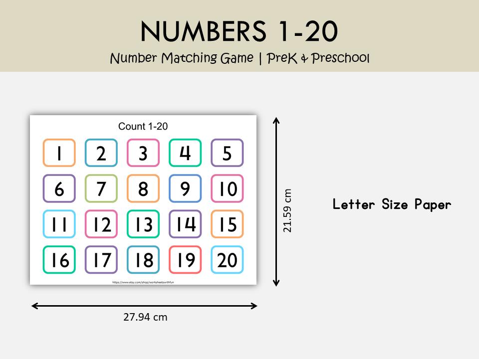 Number Matching Game 1-20 Printable, Preschool Math Activity ...