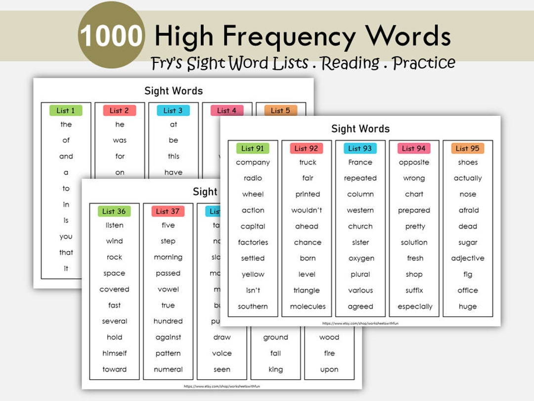 Fry Sight Word Lists Printable, Sight Words Poster, 1,000 High ...