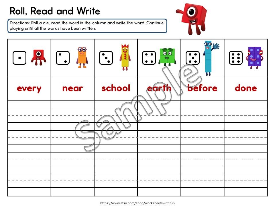 Kindergarten Sight Words Roll and Write Worksheets, Literacy Center ...