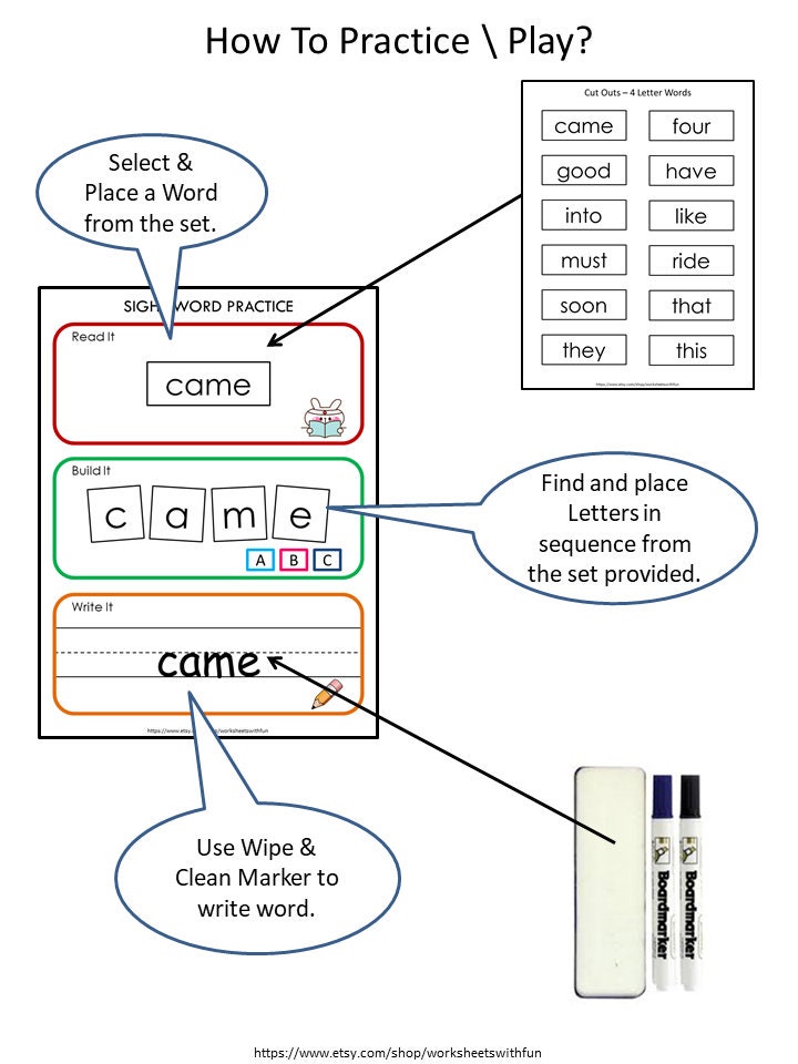 Sight Word Practice Mat Printable, Sight Word Flash Cards, Build a Word ...