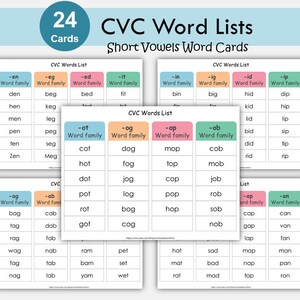 CVC Words List Printable: Kindergarten Phonics Reading Cards (digital ...