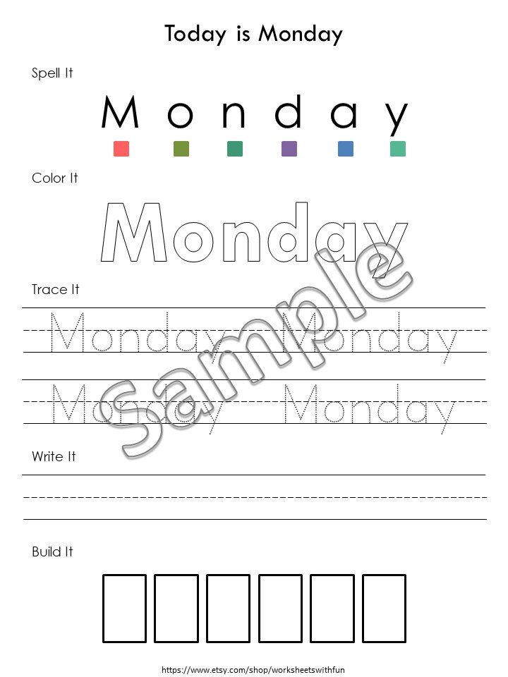 Days of the Week Worksheets Printable, Spell Trace Write Activities ...
