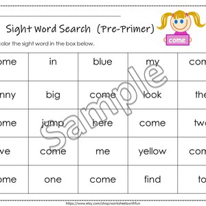 Sight Words Worksheets Dolch Pre Primer, 40 Sight Word Search Printable ...