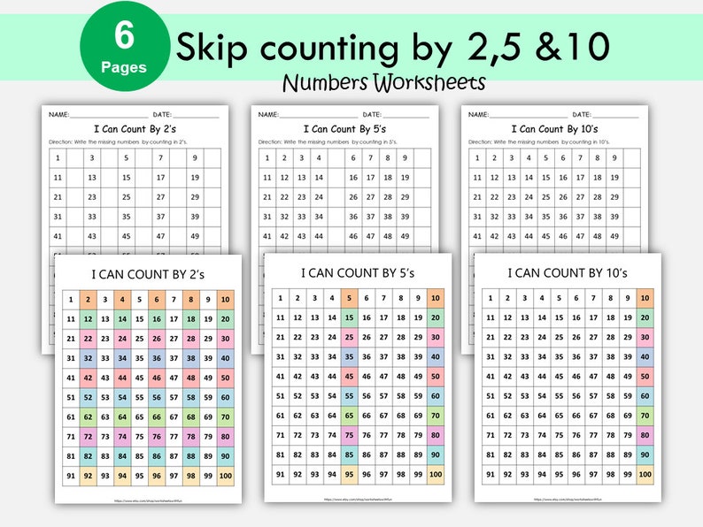 Skip Counting Worksheets: Math Charts for Kids (PDF Download) - Etsy
